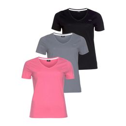 H.I.S. T-Shirt H.I.S "Essential-Basics", Damen, Gr. 44/46, bunt (schwarz, pink, rauchblau), Single Jersey, Obermaterial: 100% Baumwolle, bedruckt, clean, unifarben, Basic, figurumspielend h&uuml;ftlang, V-Ausschnitt, Shirts T-Shirt, figurumspielender Schnitt, aus Baumwolle, Topseller