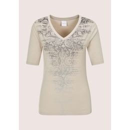 Madeleine Mode Kurzarmshirt MADELEINE "Shirt Printshirt mit Strass", Damen, Gr. 48, perlwei&szlig;, grau, silberfarben, Obermaterial: 95% Viskose CV. 5% Elasthan EL., Modern, gerade, Shirts Kurzarmshirt, Strass-Applikationen