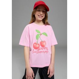 T-Shirt Kidsworld "Shirt mit Kirschen-Print", M&auml;dchen, Gr. 152/158, pink, Single Jersey, Obermaterial: 100% Baumwolle, bedruckt, l&auml;ssig geschnitten, Rundhals, Shirts T-Shirt, l&auml;ssige Passform, Kurzarm, bedruckt, aus Baumwolle