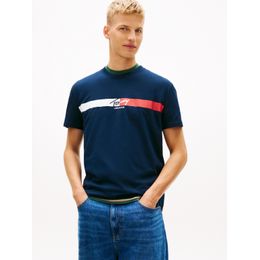 T-Shirt Tommy Jeans "TJM REGULAR FIT SIGNATURE STRIPE", Herren, Gr. M, schwarz night navy, Single Jersey, Obermaterial: 100% Baumwolle, unifarben, regular fit normal, Rundhals, eingesetzt abgesteppte Kante, Shirts T-Shirt
