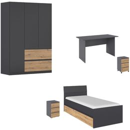 Jugendzimmer-Set Rauch "Komplettzimmer Schlafzimmer-Set (5-St.) Jugendzimmer-Set JOEL", graumetallic, eiche artisan, BASIC + ohne Matratze, B/H: 90cm x 200cm, BASIC, Holzwerkstoff, Schlafzimmerm&ouml;bel-Sets, Jugendzimmer-Set, Bett 2 Breiten,Nachttisch,Tisch,Rollcontainer,Schrank MADE IN GERMANY