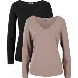 Langarmshirt bonprix "Figurbetontes Langarmshirt (2er Pack)", Damen, Gr. 48/50 (XL), braun (taupe, schwarz), Jersey, Obermaterial: 95% Baumwolle, 5% Elasthan, unifarben, slim fit normal, tiefer V-Ausschnitt, Shirts Langarmshirt, Slim fit Passform, mit V-Ausschnitt, aus Baumwolle und Elasthan