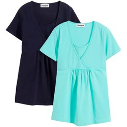 Stillshirt bonprix "2-in-1 Umstands- und Stillshirts (2er Pack?)", Damen, Gr. 40/42 (M), blau (dunkelblau, mentholblau), Obermaterial: 95% Baumwolle, 5% Elasthan, figurumspielend, Shirts Stillshirt, figurumspielende Passform, mit Wickelschnitt