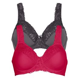 Minimizer-BH bonprix "Minimizer-BH mit gepolsterten Tr&auml;gern (2er Pack)", Damen, Gr. 100, Cup E, rot (granatrot, anthrazit), Obermaterial: 80% Polyamid, 20% Elasthan. Futter: 100% Baumwolle. Spitze: 87% Polyamid, 13% Elasthan, BHs Minimizer-BH, Minimizer-Passform, mit gepolsterten Tr&auml;gern, mit edler Spitze