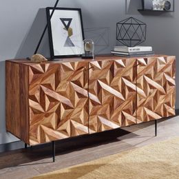 FineBuy Massivholz Sideboard 145cm Sheesham Kommode mit 3 T&uuml;ren Retro 3D Design Metall schwarz