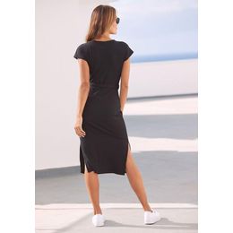 Lascana Midikleid schwarz Gr. 34 f&uuml;r Damen. Mit V-Ausschnitt. Figurbetont