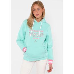 Zwillingsherz Damen Hoodie &raquo;"Gl&uuml;cklich am Meer"&laquo;, mit Pailletten, Kapuze und kontrastfarbigen B&uuml;ndchen gr&uuml;n L/XL