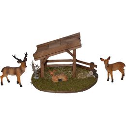 Krippen-Zubeh&ouml;r &raquo;Weihnachtsdeko&laquo; Unterstand mit Reh, Hirsch und Kitz beige Holzwerkstoff, Polyresin