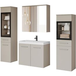 Welltime Badm&ouml;bel-Set &raquo;MADRIT II, Schrank mit Waschbecken, 2 H&auml;nger, Spiegelschrank&laquo; Komplett-Set, 5 Stk. tlg. beige Holzwerkstoff