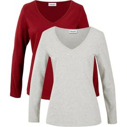 bonprix Damen bonprix Langarmshirt &raquo;Figurbetontes Langarmshirt (2er Pack)&laquo; Packung, 2 Stk. Slim fit Passform, mit V-Ausschnitt, aus Baumwolle und 