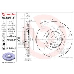 Brembo Bremsscheibe 09.D939.11 vorne rechts Geschlitzt 360mm f&uuml;r PORSCHE 95B615302G 95B615302E 95B615302AA