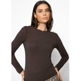 SASSYCLASSY Gestreiftes, leicht transparentes Langarmshirt mit Kaschmiranteil in Dunkelbraun | Gr.: M