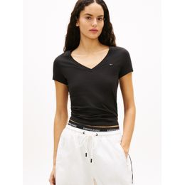 Kurzarmshirt Tommy Jeans "TJW SLIM V-NECK TEE", Damen, Gr. S, schwarz, Single Jersey, Obermaterial: 100% Baumwolle, unifarben, slim fit h&uuml;ftlang, V-Ausschnitt, abgesteppt, Shirts, mit Logo-Stickerei