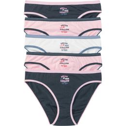 Slip bonprix "Slip (5er Pack)", Damen, Gr. 40/42 (M), 5 Stk., blau (blau, rosa, wollwei&szlig; bedruckt), Obermaterial: 95% Baumwolle, 5% Elasthan, Unterhosen Slip, mit dekorativen B&uuml;ndchen in Kontrastfarbe, weiche Materialqualit&auml;t