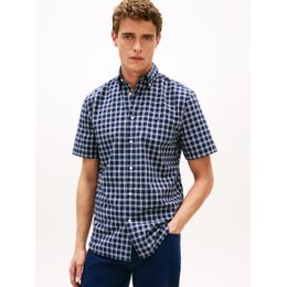 Kurzarmhemd Tommy Hilfiger "FLEX POPLIN CHECK Regular Fit", Herren, Gr. L, N-Gr, blau (carbon navy, check), Web, Obermaterial: 100% Baumwolle, kariert, regular fit normal, Rundhals, eingesetzt abgesteppte Kante, Hemden, Button-Down-Kragen