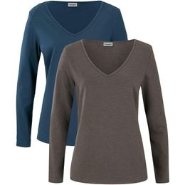 Langarmshirt bonprix "Figurbetontes Langarmshirt (2er Pack)", Damen, Gr. 40/42 (M), blau (dunkelblau, anthrazit meliert), Jersey, Obermaterial: 95% Baumwolle, 5% Elasthan, meliert, slim fit normal, tiefer V-Ausschnitt, Shirts Langarmshirt, Slim fit Passform, mit V-Ausschnitt, aus Baumwolle und Elasthan