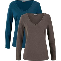 Langarmshirt bonprix "Figurbetontes Langarmshirt (2er Pack)", Damen, Gr. 36/38 (S), blau (dunkelblau, anthrazit meliert), Jersey, Obermaterial: 95% Baumwolle, 5% Elasthan, meliert, slim fit normal, tiefer V-Ausschnitt, Shirts Langarmshirt, Slim fit Passform, mit V-Ausschnitt, aus Baumwolle und Elasthan