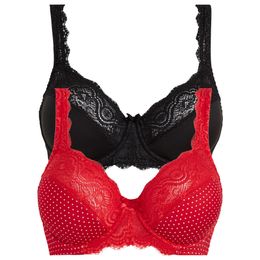 B&uuml;gel-BH bonprix "B&uuml;gel-BH mit zarter Spitze (2er Pack)", Damen, Gr. 85, Cup D, bunt (tiefrot, wei&szlig; gepunktet, schwarz), Obermaterial: 88% Polyester, 12% Elasthan. Futter: 90% Polyamid, 10% Elasthan. Spitze: 90% Polyamid, 10% Elasthan, BHs B&uuml;gel-BH, mit B&uuml;gel und Spitzen-Details