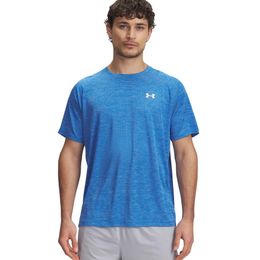 Trainingsshirt Under Armour "UA TECH TEXTURED SS", Herren, Gr. L, blau atlantis,, wei&szlig;, Obermaterial: 100% Polyester, normal, Rundhals, Shirts, normale Schnittform, Kurzarm, sportlicher Stil, Rundhalsausschnitt