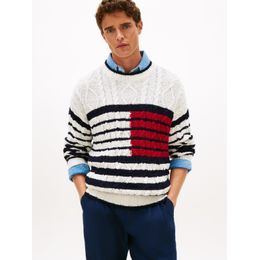 Strickpullover Tommy Hilfiger "BRETON FLAG CABLE", Damen, Gr. XL, ivory petal, desert sky, medium rot, Strick, Obermaterial: 100% Baumwolle, gestreift, regular fit normal, Rundhals, eingesetzt Rippstrickb&uuml;ndchen, Pullover Strickpullover, Regular fit mit Rundhalsausschnitt