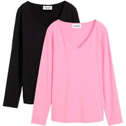 Langarmshirt bonprix "Figurbetontes Langarmshirt (2er Pack)", Damen, Gr. 36/38 (S), rosa (bl&uuml;tenpink, schwarz), Jersey, Obermaterial: 95% Baumwolle, 5% Elasthan, unifarben, slim fit normal, tiefer V-Ausschnitt, Shirts Langarmshirt, Slim fit Passform, mit V-Ausschnitt, aus Baumwolle und Elasthan
