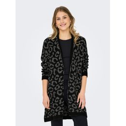Strickjacke Only "ONLJADE ANIMAL AO LS CARDIGAN RP KNT", Damen, Gr. S, schwarz pattern:medium grau melange leo, Strick, Obermaterial: 81% Polyacryl, 19% Polyester, regular fit, V-Ausschnitt, Rippb&uuml;ndchen, Strickjacken Strickjacke