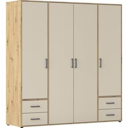 Dreht&uuml;renschrank Rauch "Kleiderschrank Schrank Garderobe W&auml;scheschrank VOYAGER", beige (champagner), eiche artisan, griffe graumetallic, B:187cm H:194cm T:53cm, Holzwerkstoff, Schr&auml;nke, Dreht&uuml;renschrank, mit 2 modernen Griffvarianten, mit Au&szlig;enschubladen MADE IN GERMANY