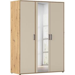 Dreht&uuml;renschrank Rauch "Kleiderschrank Schrank Garderobe W&auml;scheschrank VOYAGER", beige (champagner), eiche artisan, B:140cm H:194cm T:53cm, Holzwerkstoff, Schr&auml;nke, Dreht&uuml;renschrank, mit modernen Griffen in Graumetallic und Spiegel