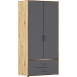 Dreht&uuml;renschrank Rauch "Kleiderschrank Schrank Garderobe W&auml;scheschrank VOYAGER", eiche artisan, graumetallic, griffe graumetallic, B:93cm H:194cm T:53cm, Holzwerkstoff, Schr&auml;nke, Dreht&uuml;renschrank, mit 2 modernen Griffvarianten, mit Au&szlig;enschubladen MADE IN GERMANY