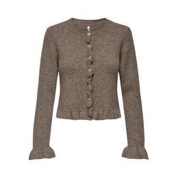 Strickjacke Only "ONLRIMA LIFE LS FRILL BUTTON CARDIG KNT", Damen, Gr. XL, walnut detail:melange, dtm button, Strick, Obermaterial: 86% Polyester, 7% Polyacryl, 4% Wolle, 3% Elasthan, meliert, unifarben, regular fit, Rundhals, Strickjacken Strickjacke, mit R&uuml;schen