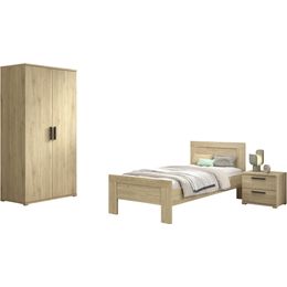 Jugendzimmer-Set Vipackeiche dekor, Schlafzimmerm&ouml;bel-Sets, "SAM - Bett, Nachtkonsole, Kleiderschrank 2-trg., gradliniges Design"
