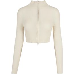 Cardigan Urban Classics "Urban Classics Damen Ladies Cropped Rib Knit Zip Cardigan", Damen, Gr. 4XL, sandwei&szlig;, 35% Polyacryl, 35% Viskose, 30% Polyamid, unifarben, amerikanischer Ausschnitt, Strickjacken
