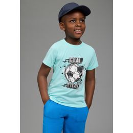 T-Shirt Kidsworld "T-Shirt Fu&szlig;ball", Jungen, Gr. 104/110, t&uuml;rkis meliert, Single Jersey, Obermaterial: 50% Baumwolle, 50% Polyester, bedruckt, Basic, Rundhals, Shirts T-Shirt, f&uuml;r Jungen, Kurzarm, Rundhalsausschnitt