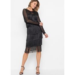bonprix Midikleid aus softem Mesh mit Fransen, schwarz, Gr.48/50 (XL), Stylisches Partykleid aus softem Mesh mit Fransen