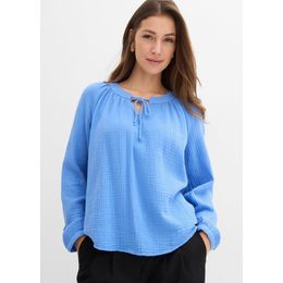 bonprix Blusenshirt aus weichem Musselin, blau, Gr.42, Weites Blusenshirt aus weichem Musselin, modern und bequem geschnitten, aus 100% Baumwolle,Musselin