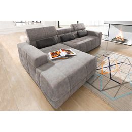 Ecksofa DOMO collection "Brandon gro&szlig;e Ausf&uuml;hrung B/T/H: 289/177/80 cm, auch in Leder und Cord", grau (grau, braun), B:289cm H:80cm T:175cm, Luxus-Microfaser in Antikleder-Optik (100% Polyester);Luxus-Microfaser (100% Polyester);Kunstleder SOFTLUX, Sofas, Ecksofa, mit Kopfteilverstellung, wahlweise Sitztiefenverstellung, L-Form