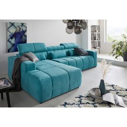 Ecksofa DOMO collection "Brandon gro&szlig;e Ausf&uuml;hrung B/T/H: 289/177/80 cm, auch in Leder und Cord", blau (t&uuml;rkis), B:289cm H:80cm T:175cm, Luxus-Microfaser in Antikleder-Optik (100% Polyester);Luxus-Microfaser (100% Polyester);Kunstleder SOFTLUX, Sofas, Ecksofa, mit Kopfteilverstellung, wahlweise Sitztiefenverstellung, L-Form