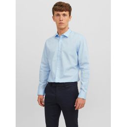 Jack & Jones Langarmhemd JACK & JONES "JJJOE SHIRT LS PLAIN", Herren, Gr. L, N-Gr, blau (cashmere blau), Web, Obermaterial: 65% Polyester, 35% Baumwolle, unifarben, slim fit normal, 2-Knopf-Manschette, Hemden, Materialmix, slim fit