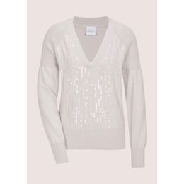 Madeleine Mode Longpullover MADELEINE "Feinstrickpullover Baumwollpullover mit Pailletten", Damen, Gr. 44/46, wei&szlig; (perlwei&szlig;), Obermaterial: 95% Baumwolle CO. 5% Kaschmir WS., Modern, figurumspielend, V-Ausschnitt, Pullover Longpullover, Pailletten im Vorderteil