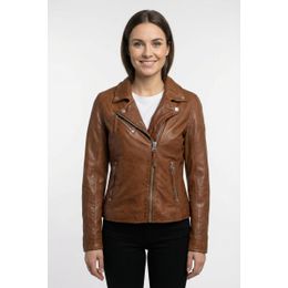 Lederjacke Mauritius "MWPaige", Damen, Gr. S, braun (cognac), Obermaterial: 100% Schafsleder. Futter: 100% Baumwolle. &Auml;rmelfutter: 100% Polyester, unifarben, regular fit kurz, eingesetzt abgesteppt, Jacken, im Biker-Style asymetrischem Rei&szlig;verschluss, Reverskragen