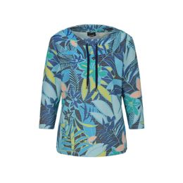 Sweatshirt GOLDNER "Druckpullover mit Dschungel-Design", Damen, Gr. 40, blau (blau, gr&uuml;n, gemustert), Obermaterial: 50% Baumwolle CO. 47% Polyester PES. 3% Elasthan EL., gerade, U-Boot-Ausschnitt, Sweatshirts Sweatshirt, Zierband am Ausschnitt