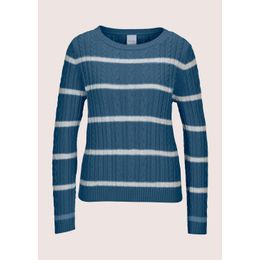 Madeleine Mode Longpullover MADELEINE "Strickpullover Moderner Baumwollpullover mit Zopfmuster und Ringel-Design", Damen, Gr. 36/38, wei&szlig; (tintenblau, wollwei&szlig;), Obermaterial: 100% Baumwolle CO., Modern, Pullover Longpullover, Kontraststreifen