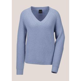 Madeleine Mode Longpullover MADELEINE "Pullover Langarm V-Ausschnitt-Pullover Strick", Damen, Gr. 44/46, blau (rauchblau), Obermaterial: 90% Schurwolle WV. 10% Kaschmir WS., Modern, normal, V-Ausschnitt, Pullover Longpullover, dezenter Strukturstrick