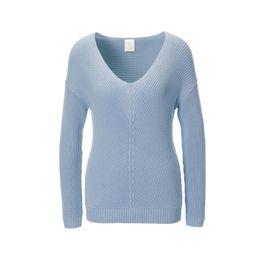 Madeleine Mode Longpullover MADELEINE "Pullover Langarm-Pullover mit V-Ausschnitt", Damen, Gr. 36/38, blau (bleu), Obermaterial: 100% Baumwolle CO., Modern, Pullover Longpullover, Markante Rippstruktur
