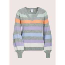 Madeleine Mode Longpullover MADELEINE "Feinstrickpullover Sommerpulli mit Streifen-Muster", Damen, Gr. 48, grau (silbergrau, melange, multicolor), Obermaterial: 90% Schurwolle WV. 10% Kaschmir WS., Modern, gerade, V-Ausschnitt, Pullover Longpullover, Gerippte Abschl&uuml;sse