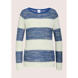 Madeleine Mode Longpullover MADELEINE "Strickpullover Baumwollpullover mit Streifenmuster", Damen, Gr. 34, wei&szlig; (royalblau, wollwei&szlig;), Obermaterial: 59% Baumwolle CO. 22% Polyester PES. 19% Leinen LI., Modern, gerade, U-Boot-Ausschnitt, Pullover Longpullover, Pailetten