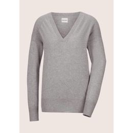Madeleine Mode Longpullover MADELEINE "Pullover Kaschmirpullover mit V-Ausschnitt", Damen, Gr. 36/38, grau (silbergrau, melange), Obermaterial: 100% Kaschmir WS., Modern, V-Ausschnitt, Pullover Longpullover, Edles Maschenbild
