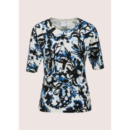 Madeleine Mode Longpullover MADELEINE "Strickpullover Glattstrickpullover mit Unikat-Print", Damen, Gr. 36/38, wei&szlig; (wei&szlig;, marine, multicolor), Obermaterial: 71% Viskose CV. 29% Polyamid PA., Modern, Pullover Longpullover, Alloverprint