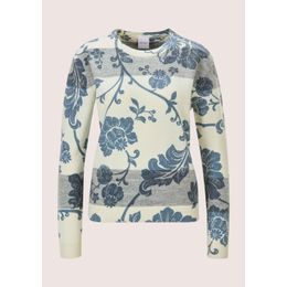 Madeleine Mode Longpullover MADELEINE "Strickpullover Rundhals-Pullover im Muster-Mix", Damen, Gr. 44/46, wei&szlig; (wollwei&szlig;, marine, multicolor), Obermaterial: 52% Polyester PES. 48% Wolle WO., Modern, normal, Pullover Longpullover, Muster-Mix, gestreift und floral bedruckt