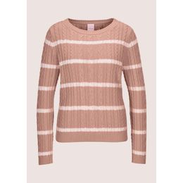 Madeleine Mode Longpullover MADELEINE "Strickpullover Moderner Baumwollpullover mit Zopfmuster und Ringel-Design", Damen, Gr. 36/38, wei&szlig; (blassrosa, wollwei&szlig;), Obermaterial: 100% Baumwolle CO., Modern, Pullover Longpullover, Kontraststreifen